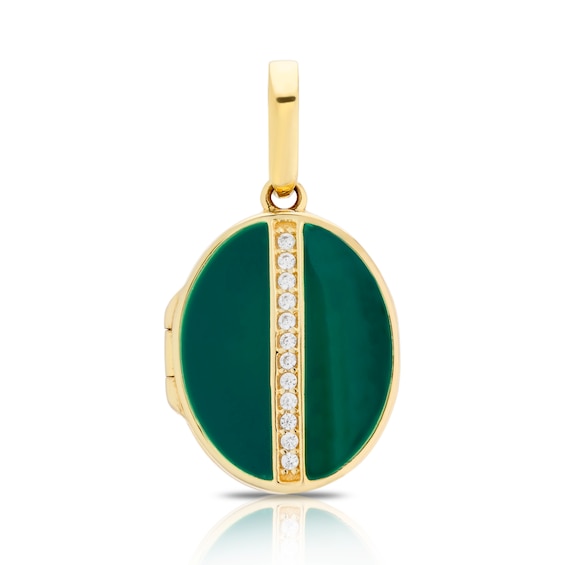 9ct Yellow Gold Oval Green Enamel CZ Locket (No Chain) | H.Samuel