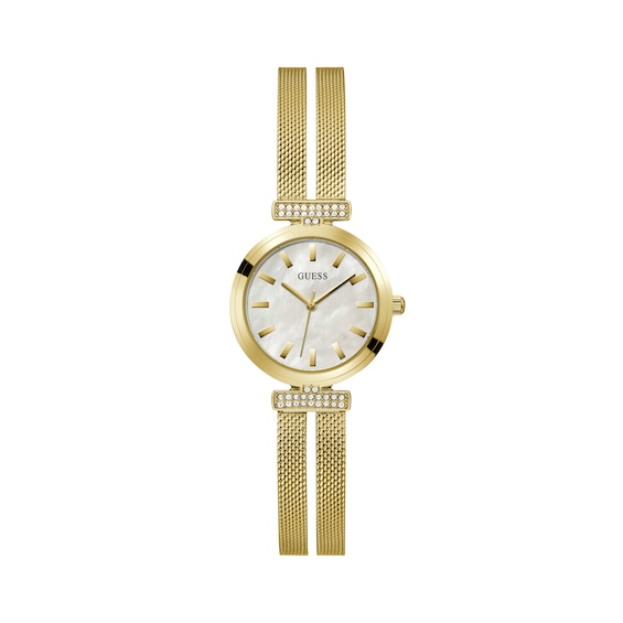 Guess Ladies' Mother of Pearl Dial Gold Tone Mesh Strap Watch | H.Samuel