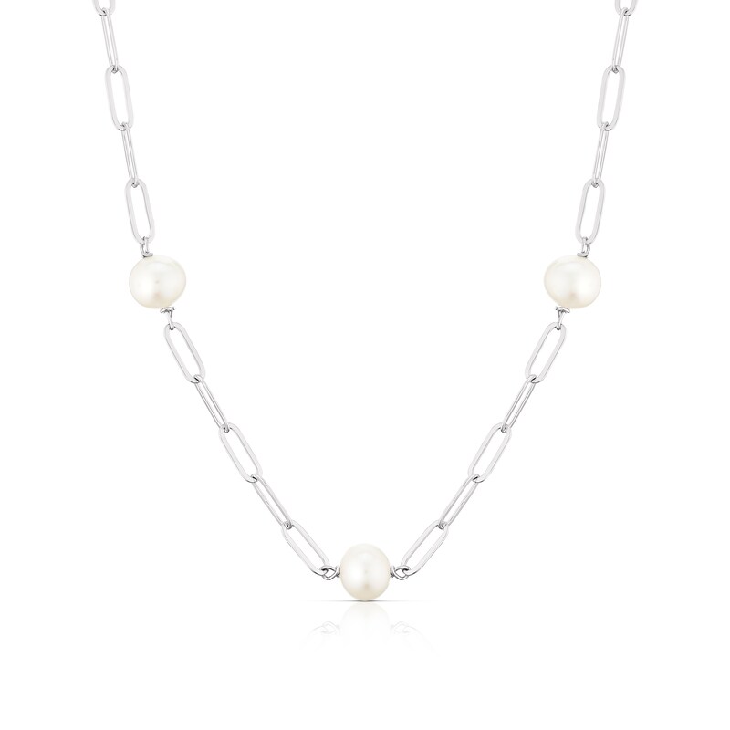 Sterling Silver Cultured Freshwater Pearl Station Paper Link Chain