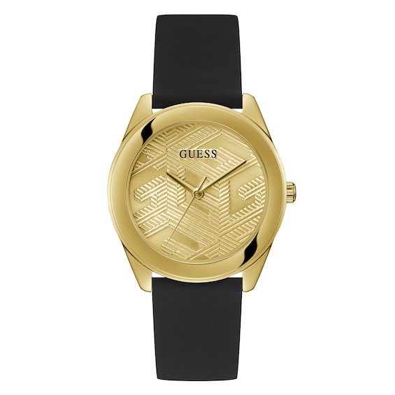 Guess Cubed Ladies' Gold Tone Patterned Dial Black Silicone Strap Watch ...