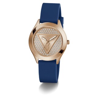 Guess Ladies' Rose Gold Tone Stone Set Blue Silicone Strap Watch | H.Samuel